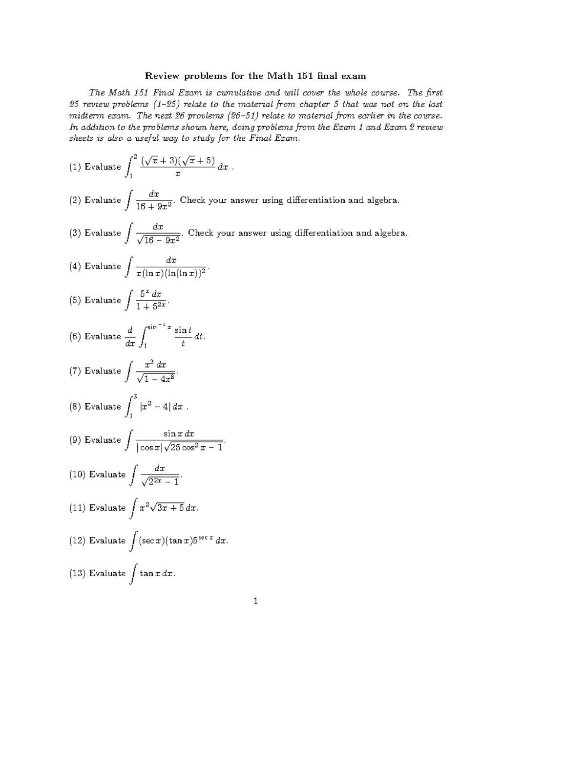 Math 151 Final Exam Review Problems and Solutions - Studocu