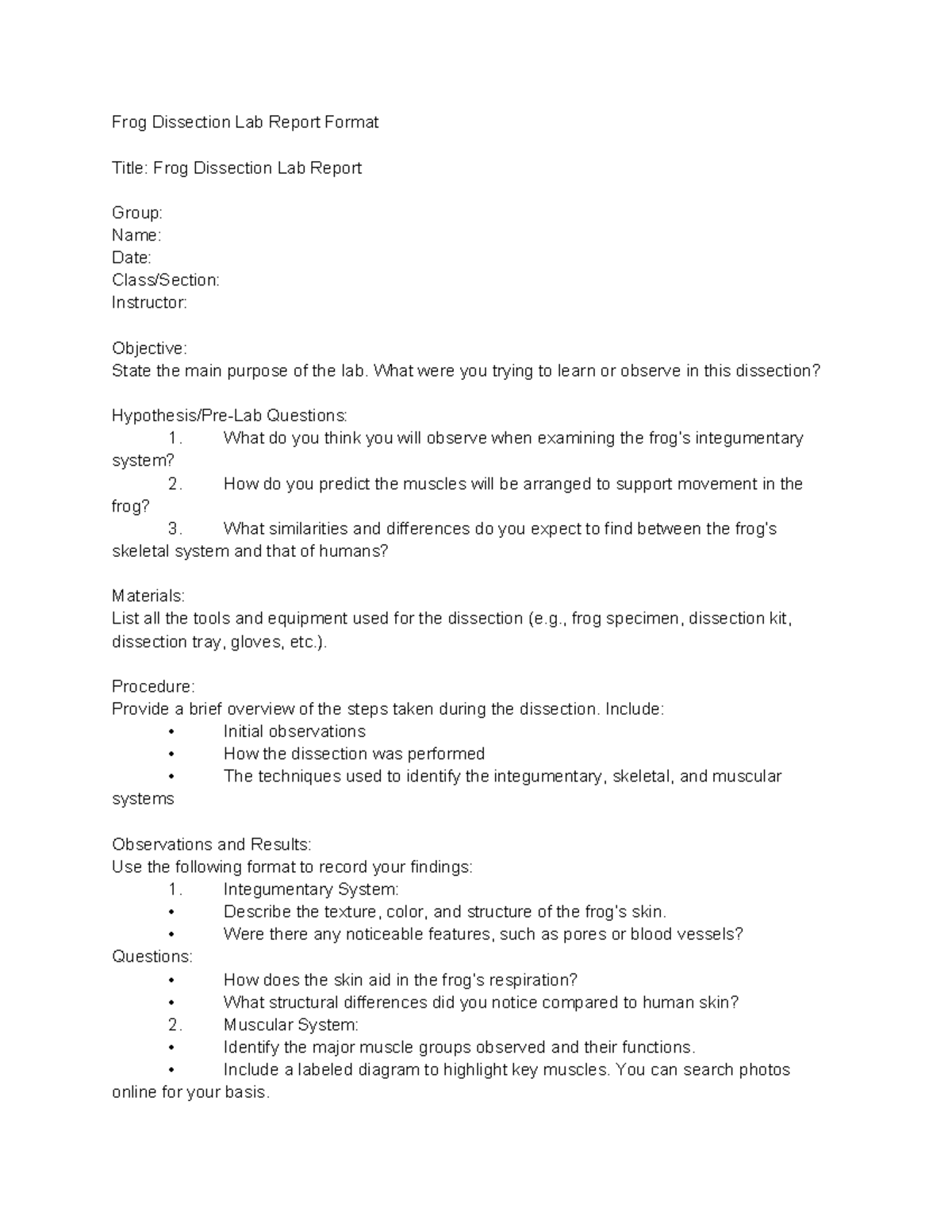 BIO101 Lab Report: Frog Dissection Findings and Observations - Studocu