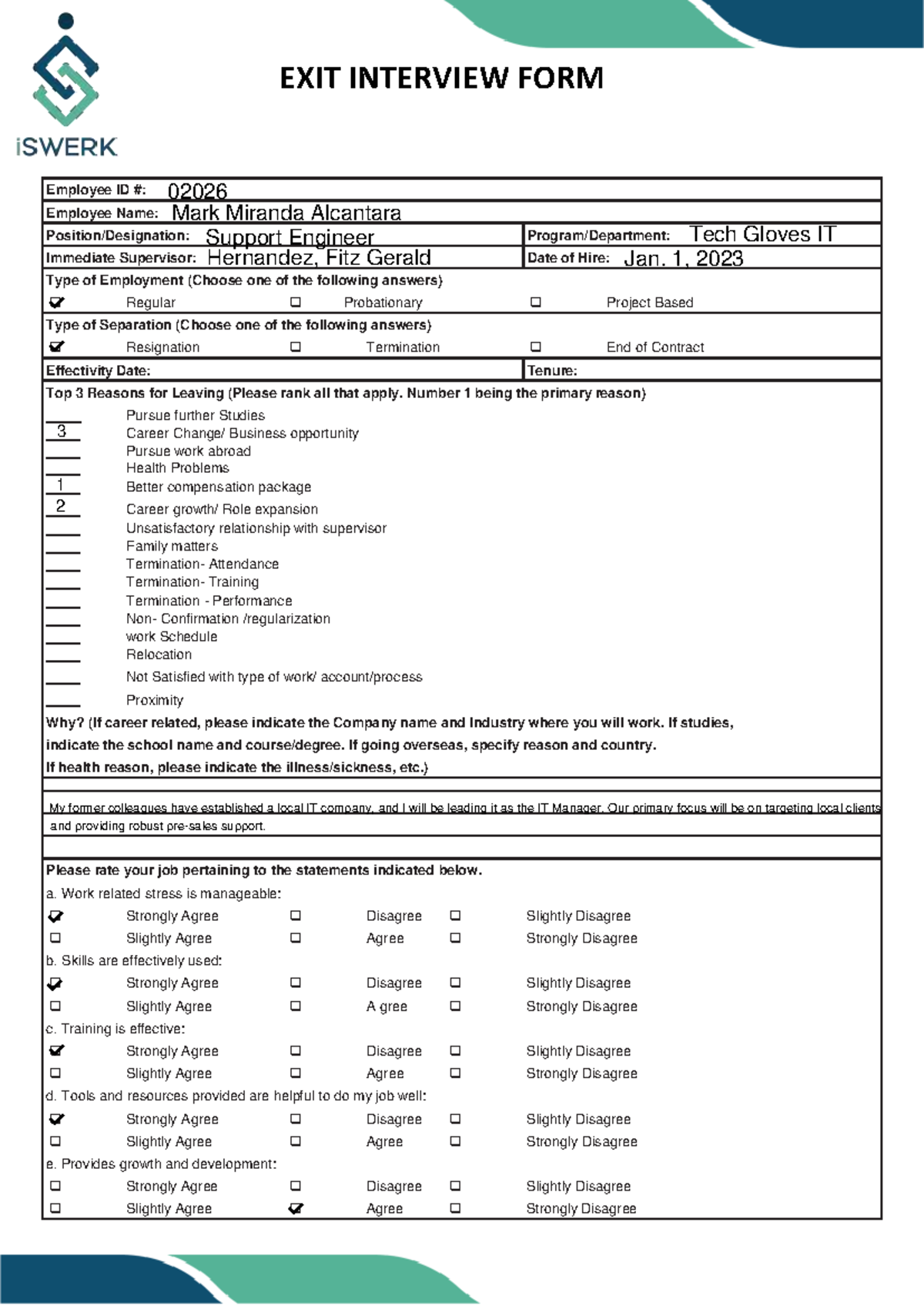 Iswerk EXIT INTERVIEW FORM 02026 - Mark Alcantara - Studocu