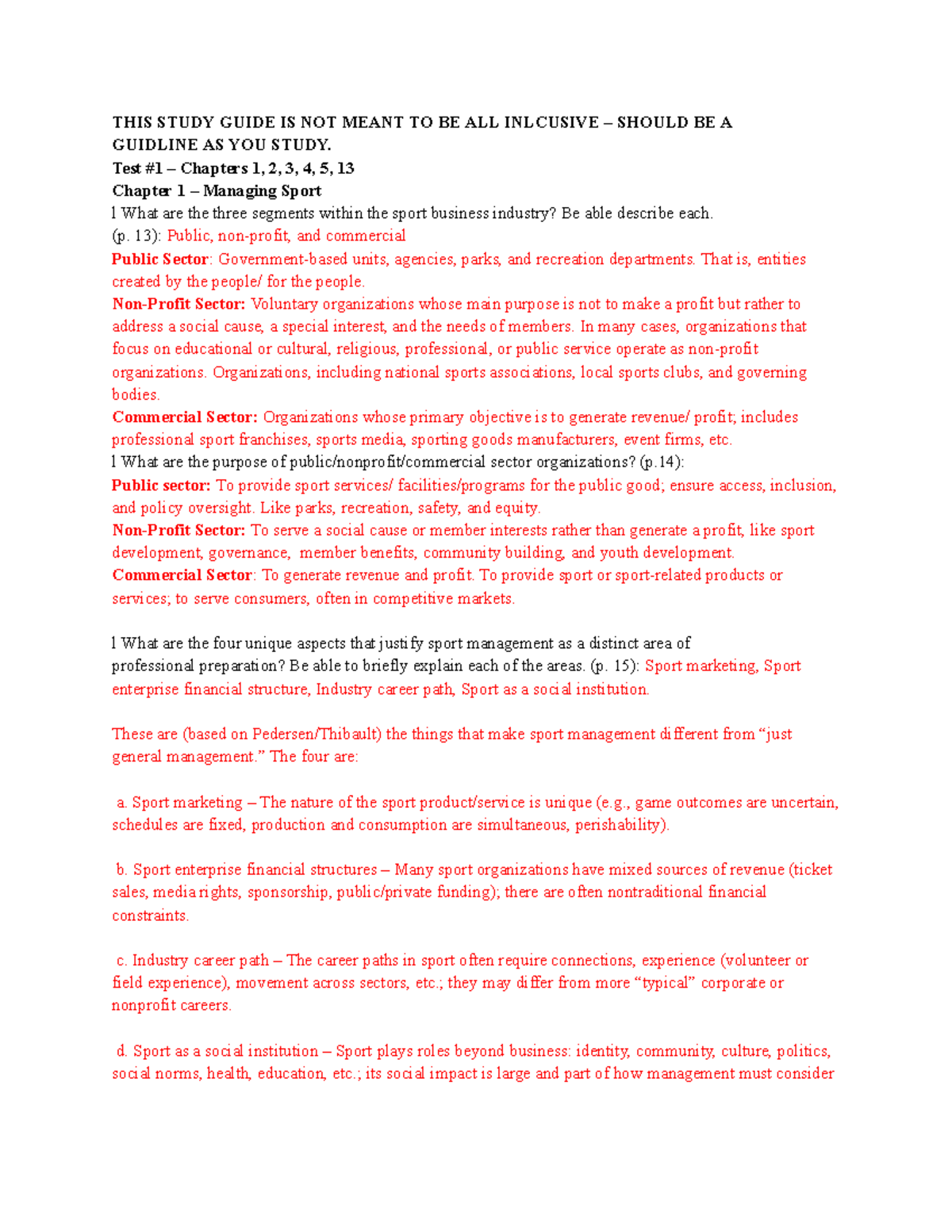 Sport Management Study Guide (SM 101) - Key Concepts from Chapters 1-5 ...