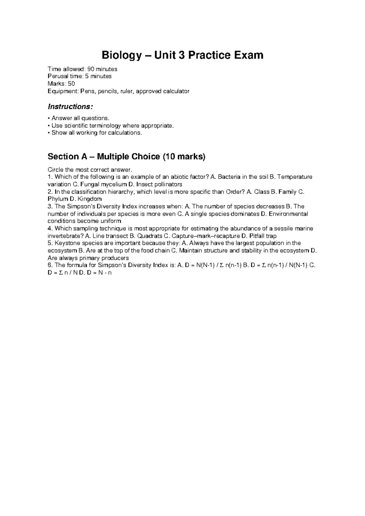 Biology Unit 3 Practice Exam: Questions & Answers Guide - Studocu