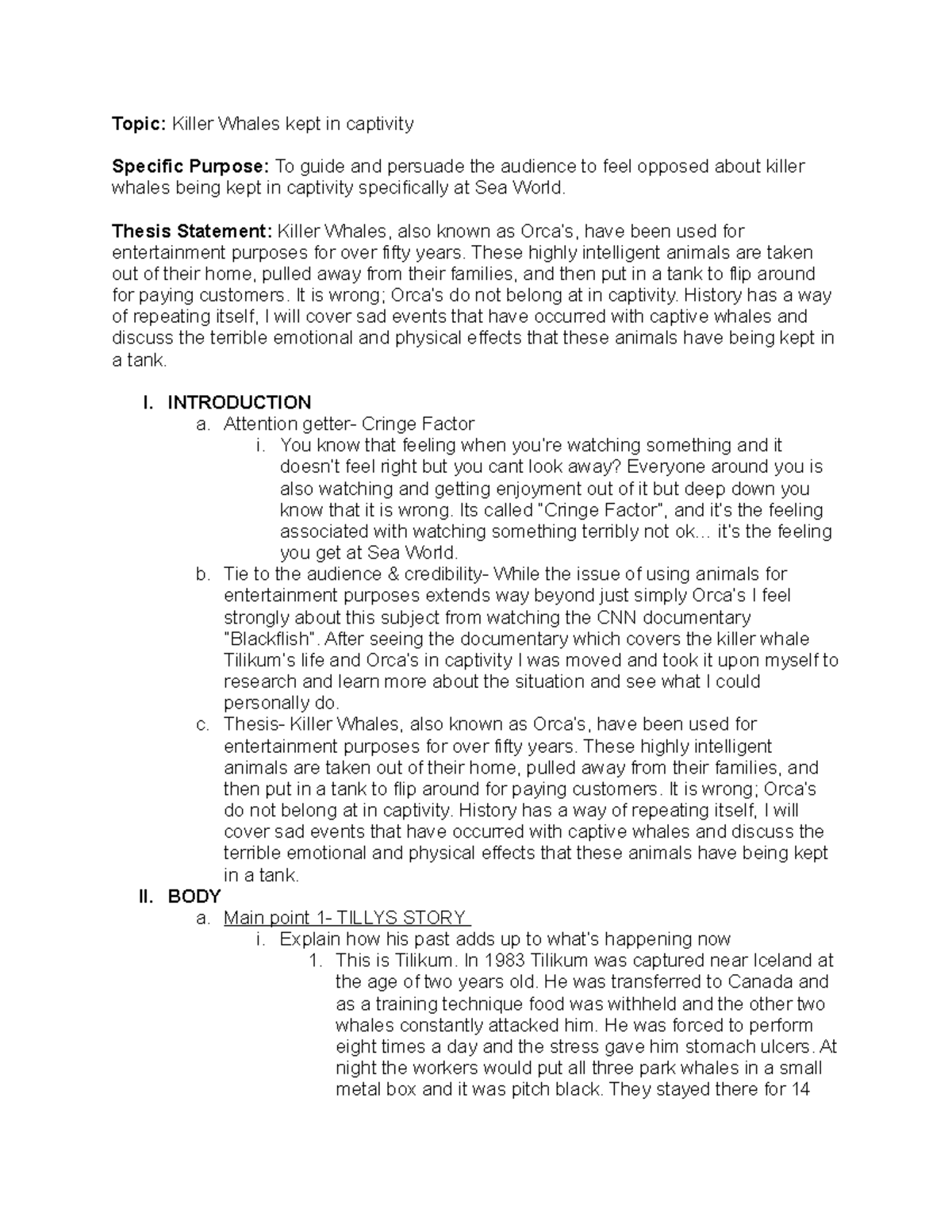Killer Whales in Captivity: A Persuasive Speech Outline on Orcas - Studocu