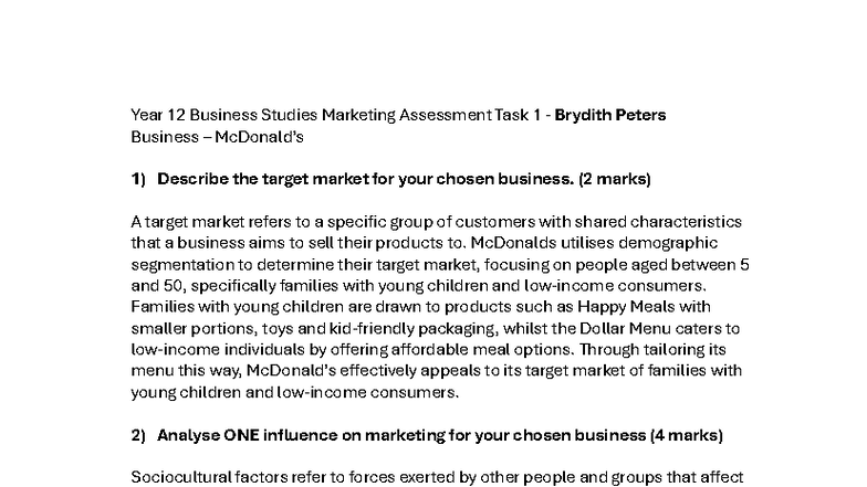 Year 12 Business Studies Marketing Assessment Task 1: McDonald's Case ...