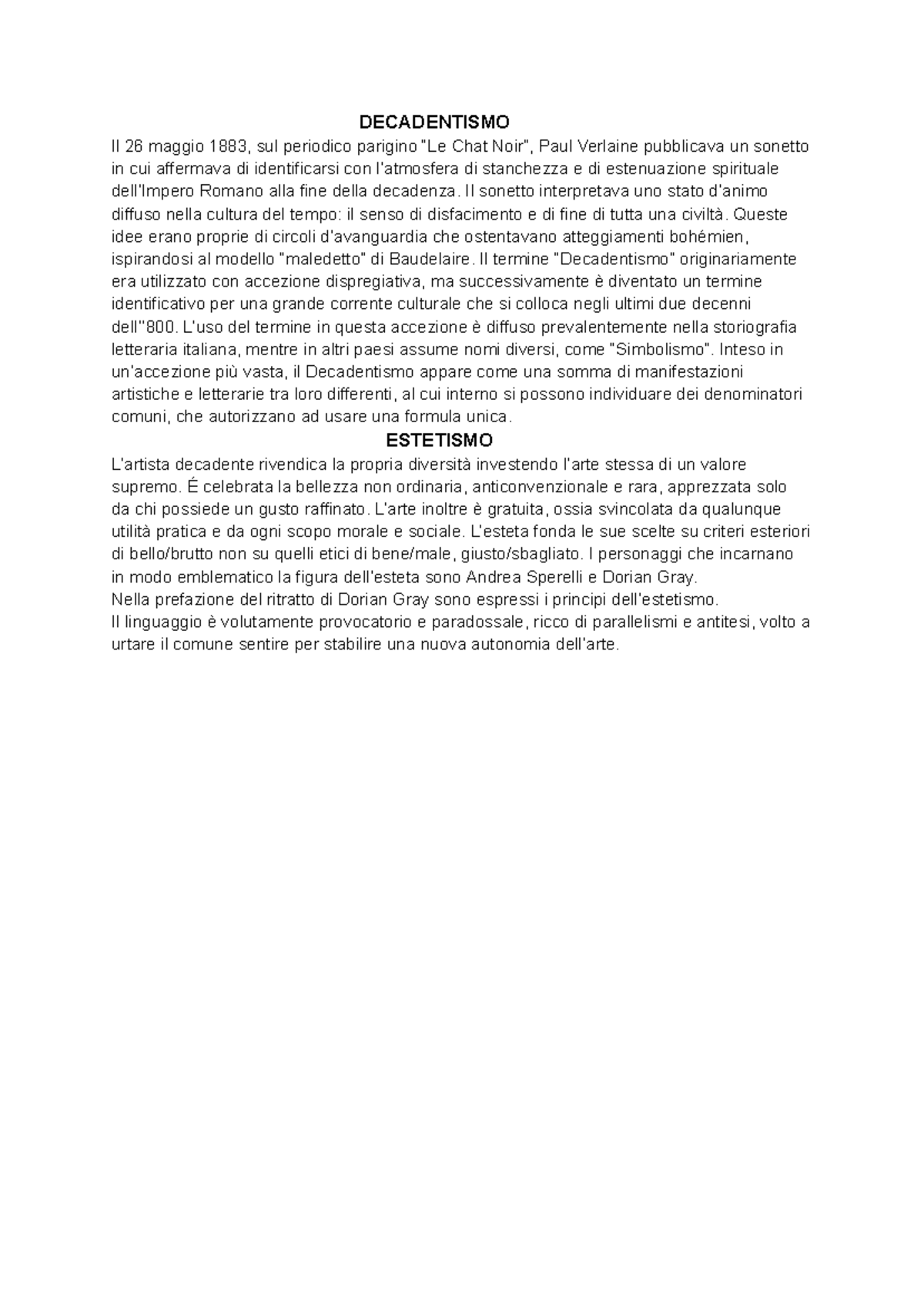 Decadentismo ed Estetismo: Analisi Culturale e Artistica - Studocu