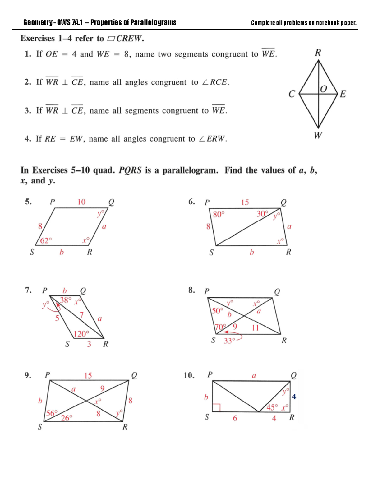 Geometry OWS 7A.1 - Properties of Parallelograms Assignment - Geometry ...