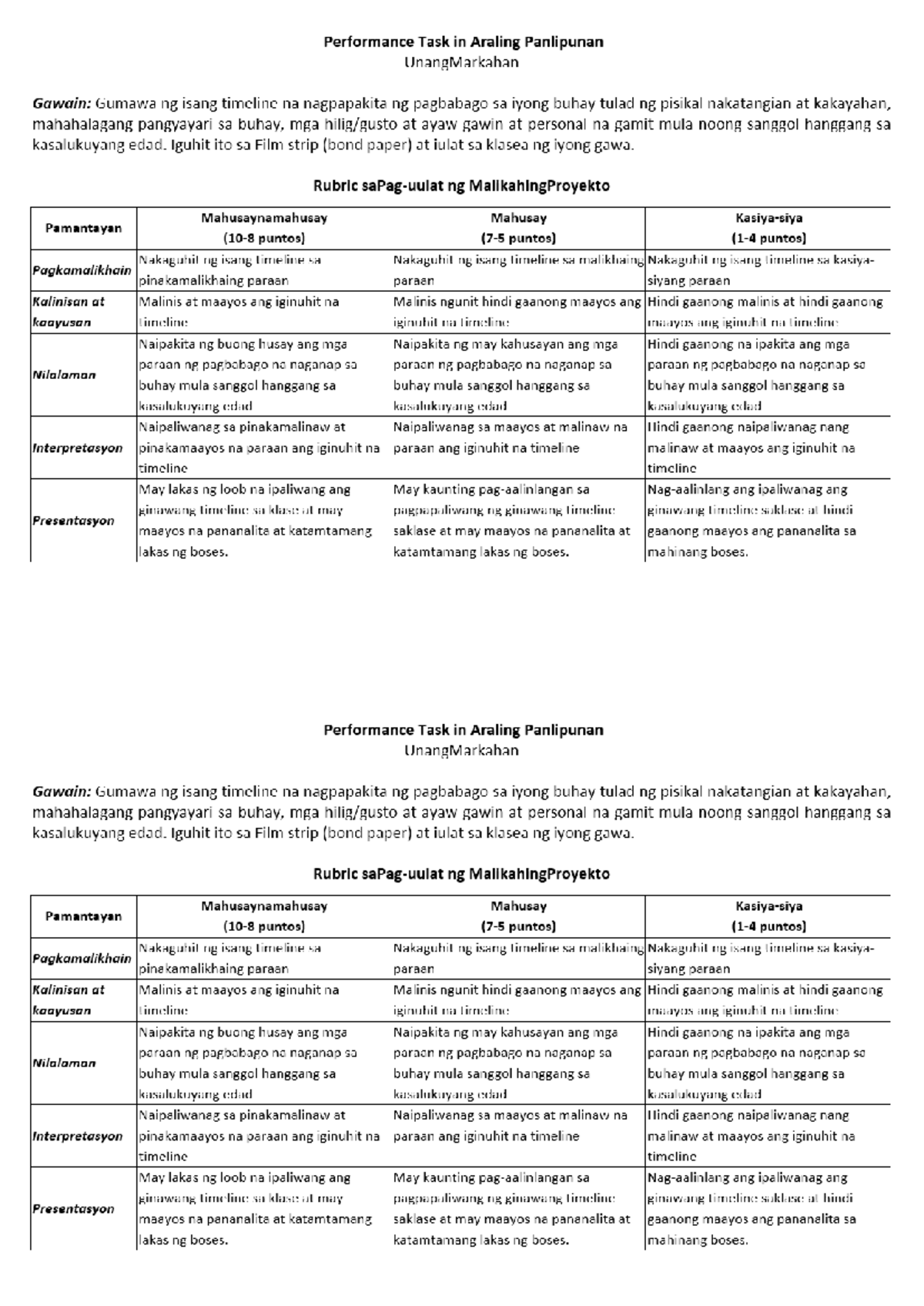 Performance Task Rubric sa Araling Panlipunan: Timeline ng Buhay - Studocu