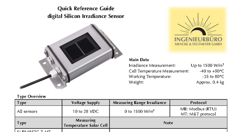 IMT SI Digital Irradiance Sensor Quick Reference Guide - Studocu