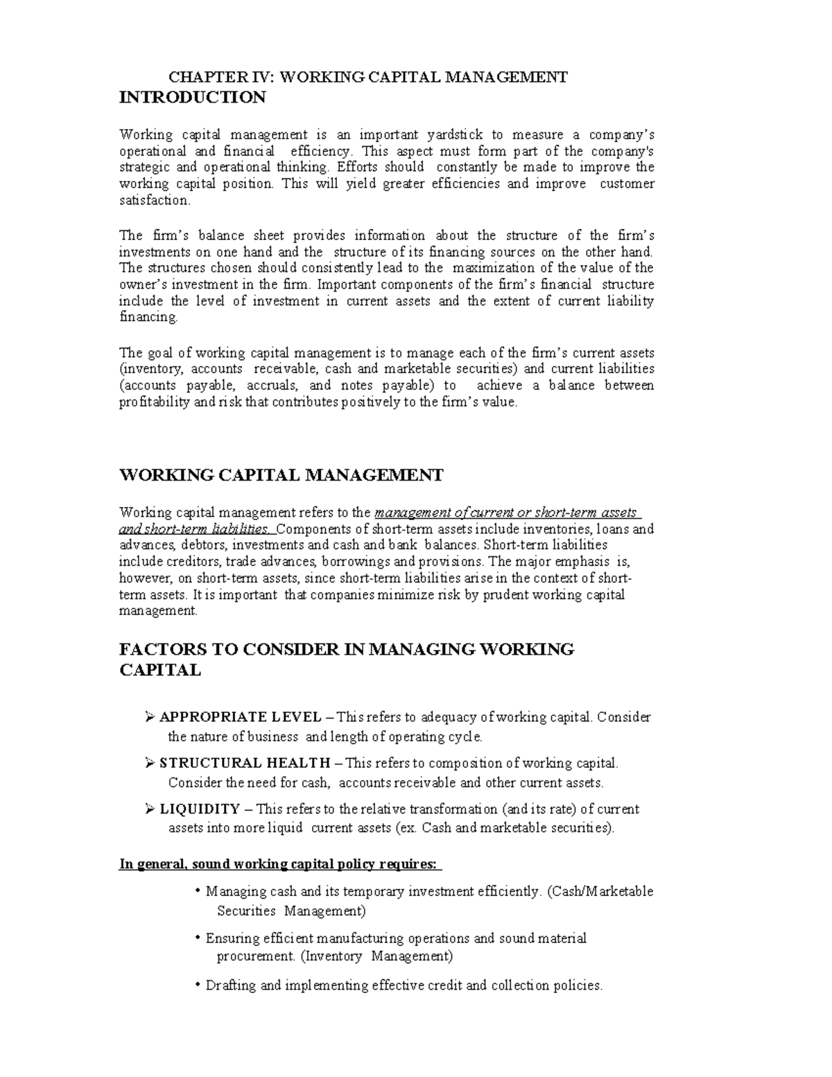CHAPTER IV: WORKING CAPITAL MANAGEMENT AND FINANCIAL RATIOS - Studocu