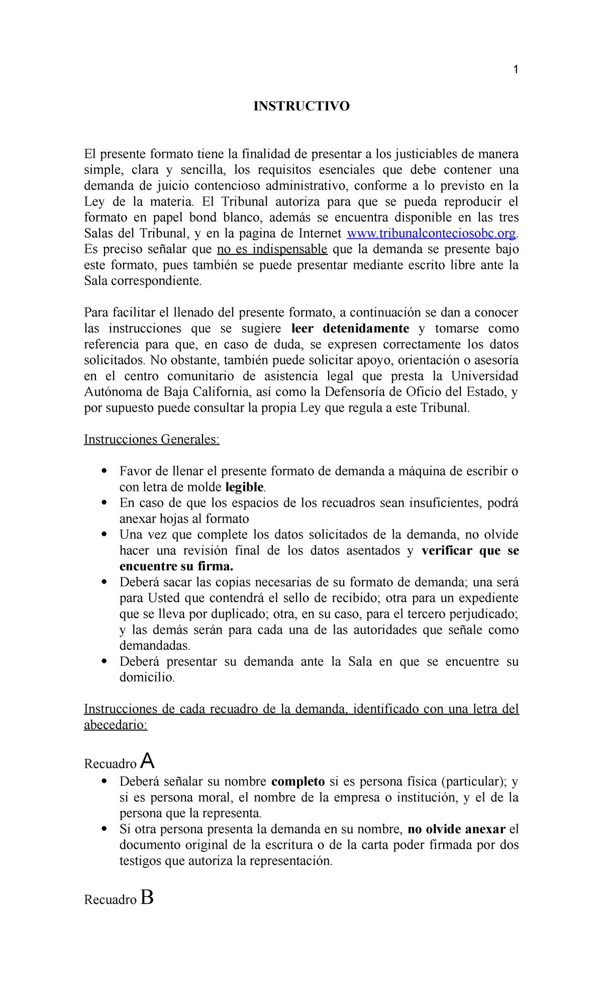 Formato DE Demanda - INSTRUCTIVO El presente formato tiene la finalidad ...