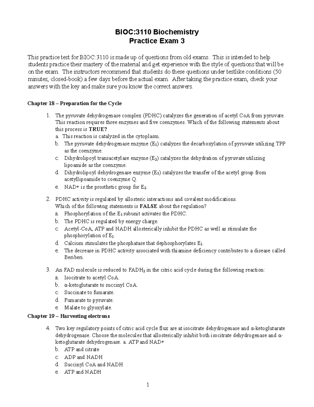 BIOC:3110 Biochemistry Practice Exam 3 Review Questions - Studocu
