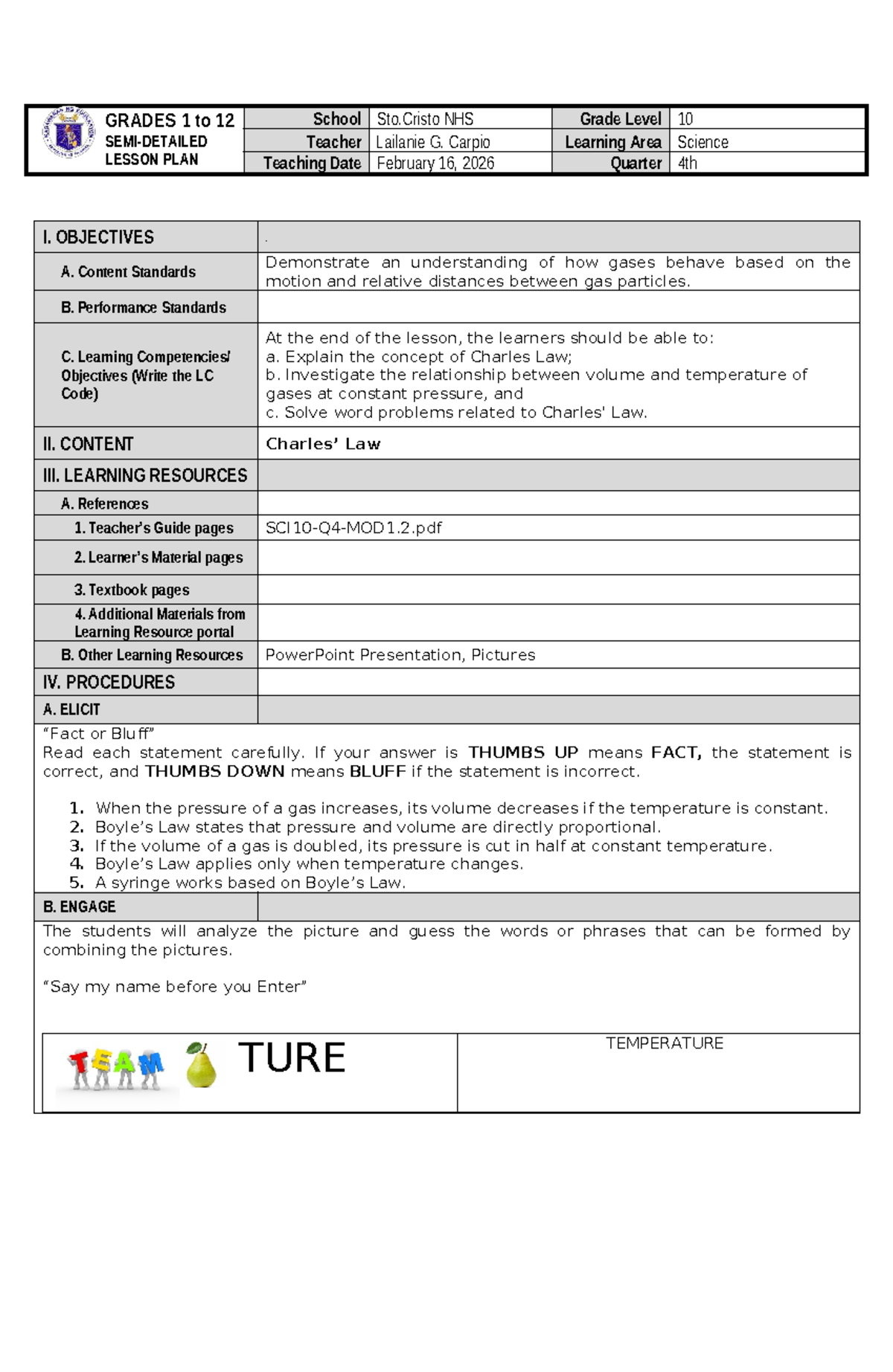 Charles' Law - Detailed Lesson Plan for Grade 10 Science (Q4) - Studocu