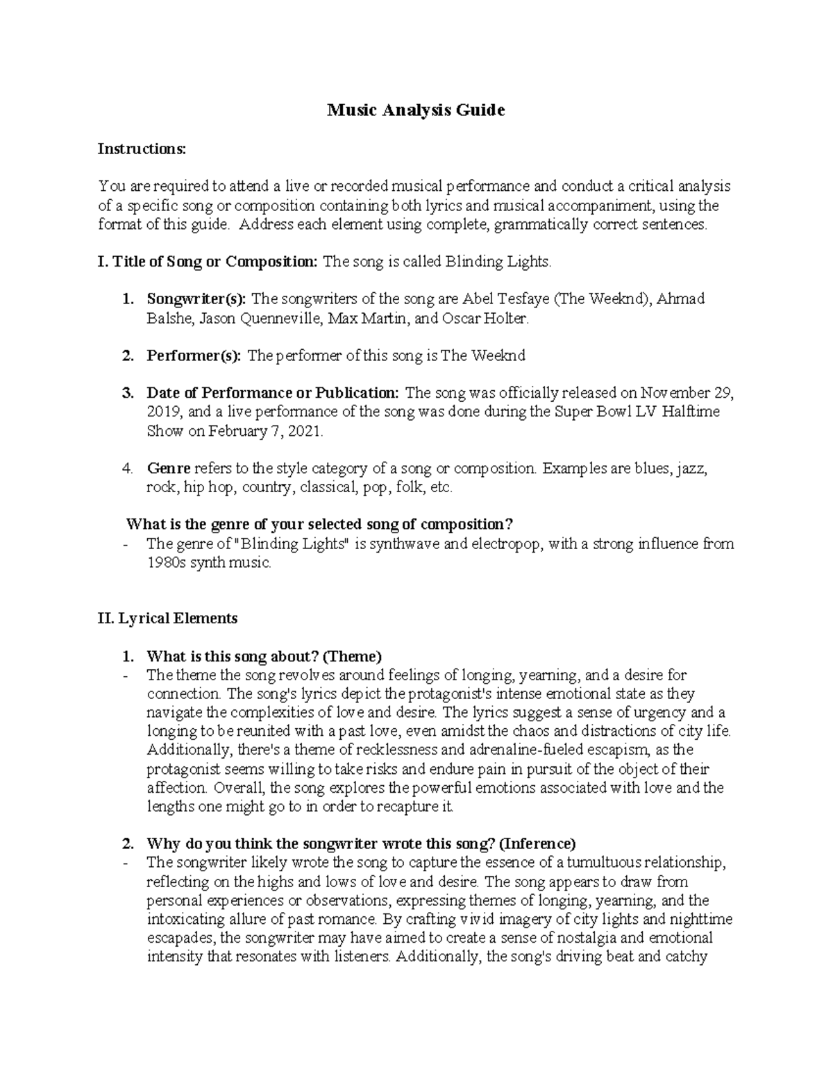 Music Analysis Guides - Guide - Music Analysis Guide Instructions: You ...