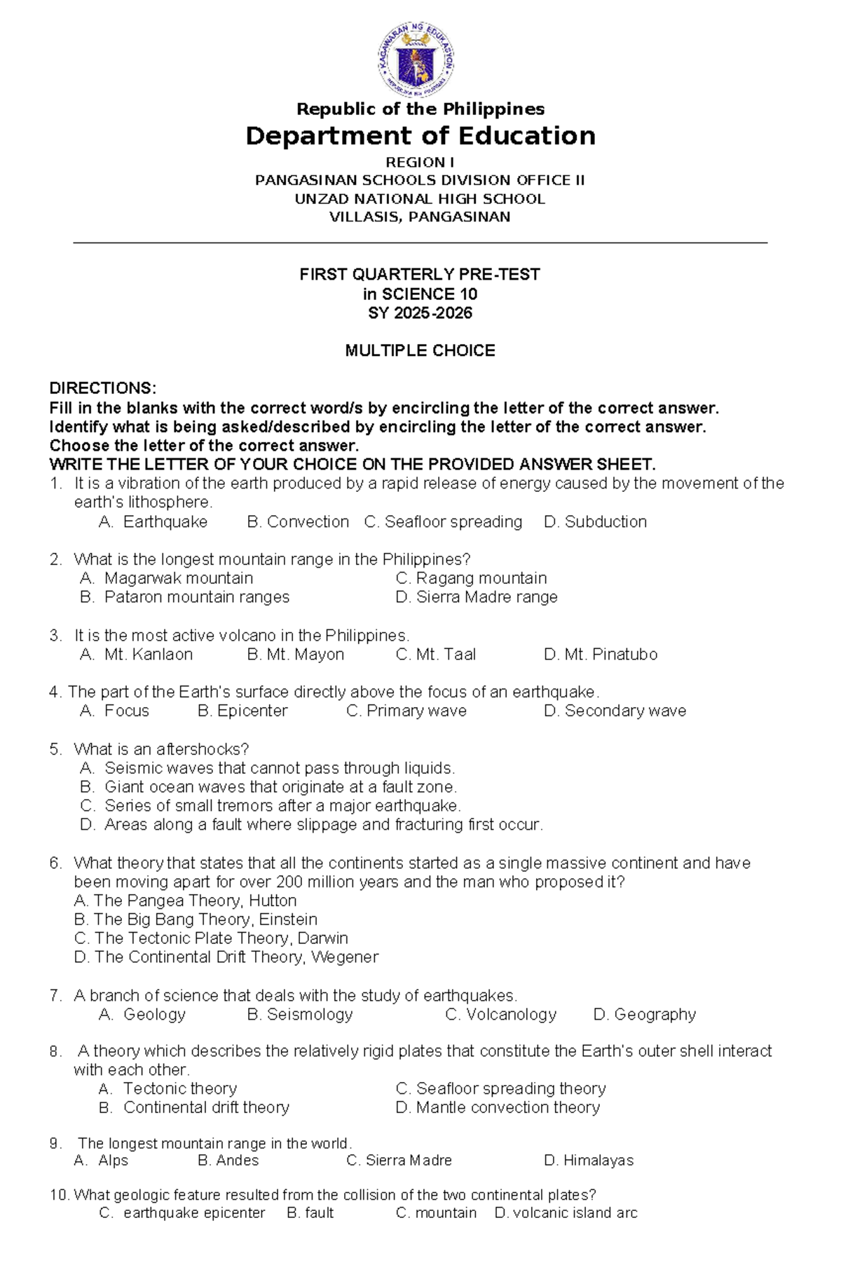 G10 Science 10 First Quarterly Exam MCQ Questions and Answers - Studocu