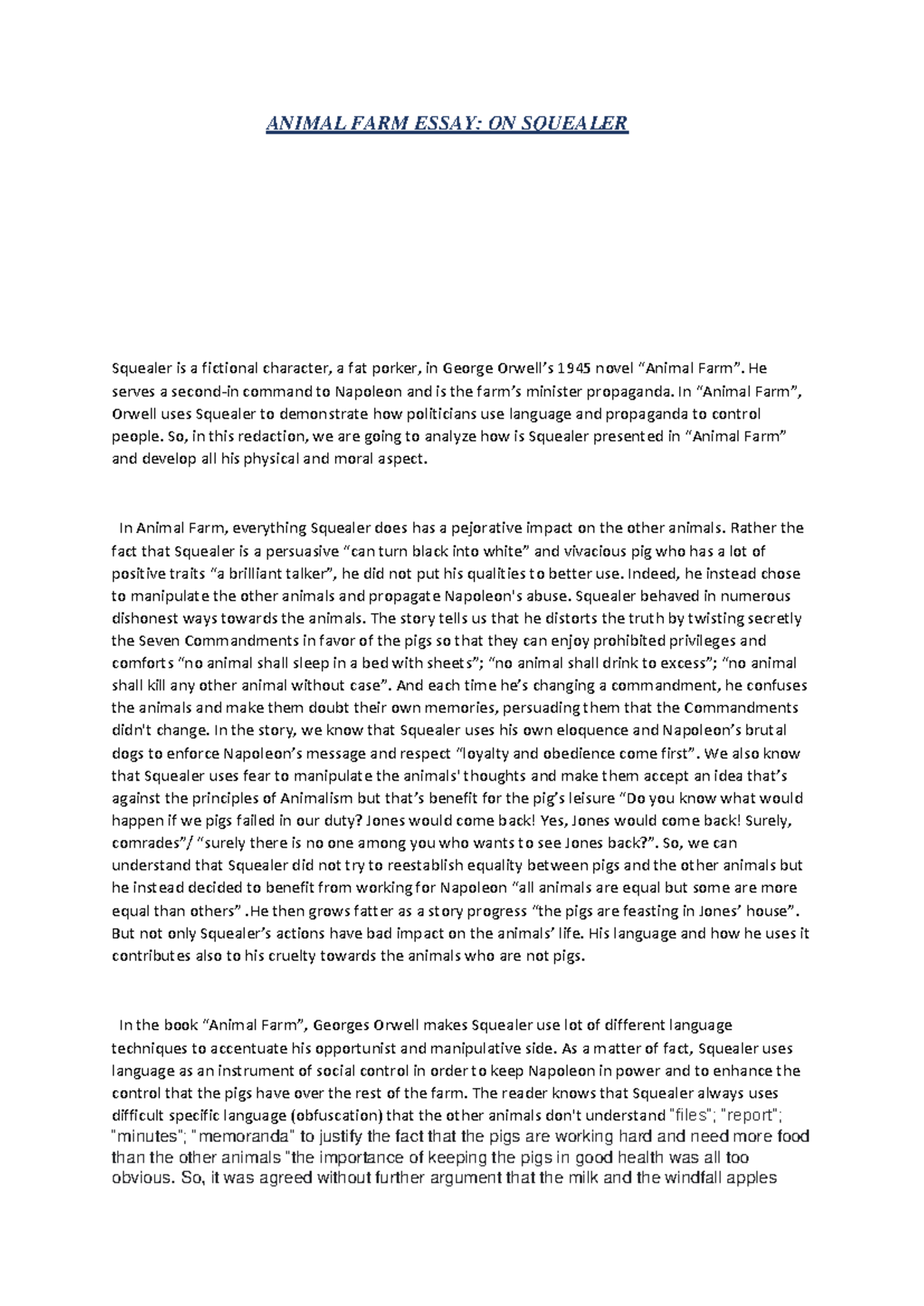 ANIMAL FARM ESSAY: ANALYSIS OF SQUEALER'S ROLE AND MANIPULATION - Studocu