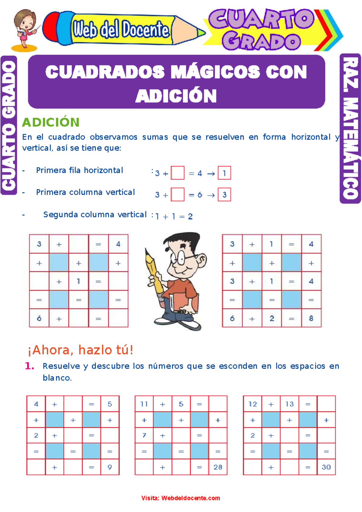 Cuadrados Mágicos con Adición - Razonamiento Matemático 4to Grado - Studocu