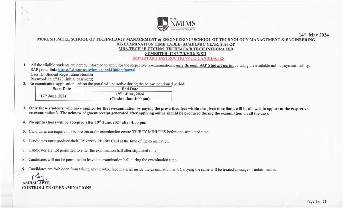 MPSTME MBA Tech Re-Exam Time Table June 2024: Important Instructions ...