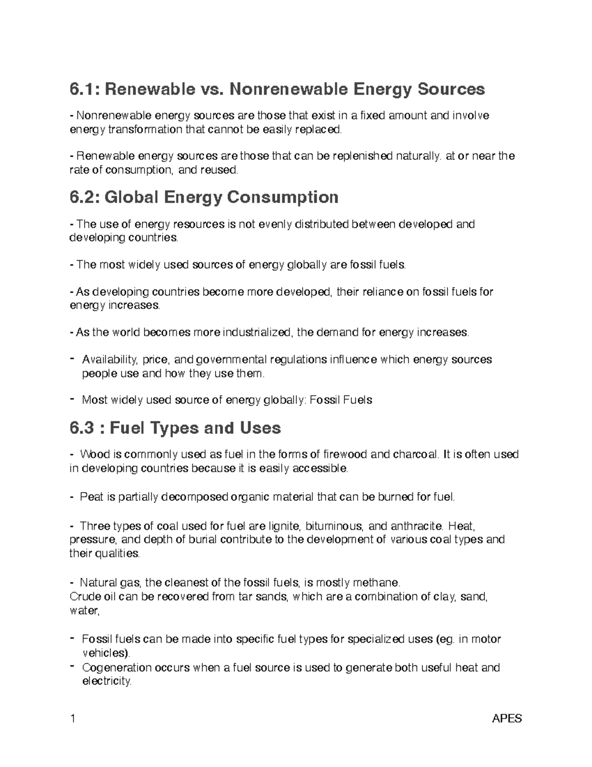 APES 6: Comprehensive Summary of Renewable & Nonrenewable Energy ...