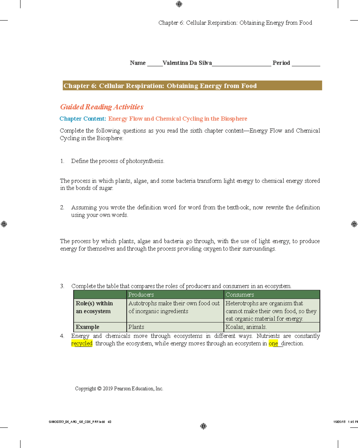 Chapter 6 Guided Reading: Energy Flow & Cellular Respiration - Studocu
