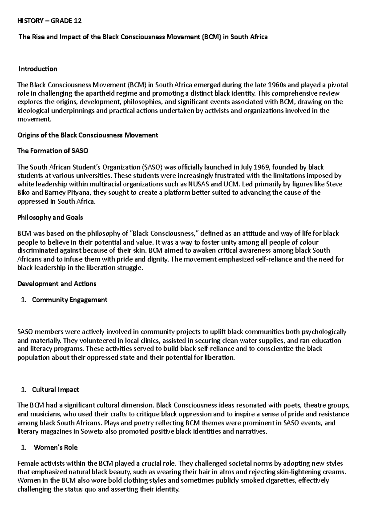 HISTORY GRADE 12: Summary of the Black Consciousness Movement (BCM ...