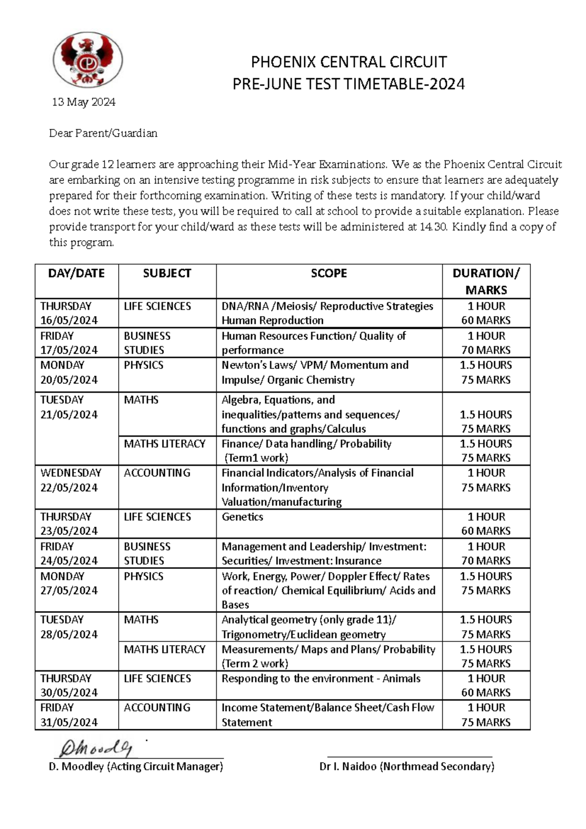 Pre-June Test Timetable 2024 for Grade 12 - PHOENIX CENTRAL CIRCUIT ...