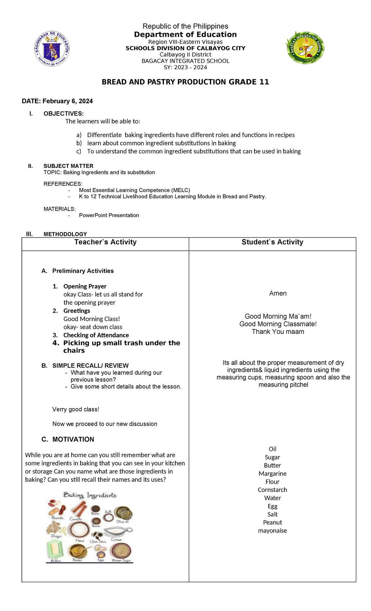 Bpp - 1 - lesson plan - BREAD AND PASTRY PRODUCTION GRADE 11 Republic ...