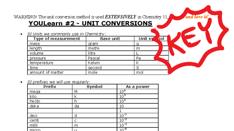 Chemistry 11: Intro to Unit Conversion Key and Methods - Studocu