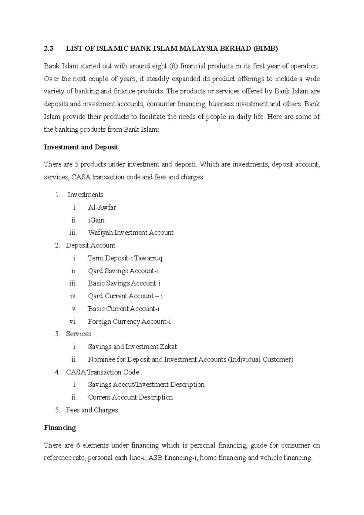 Products Offered by Bank Islam Malaysia Berhad (CTU351) - Studocu