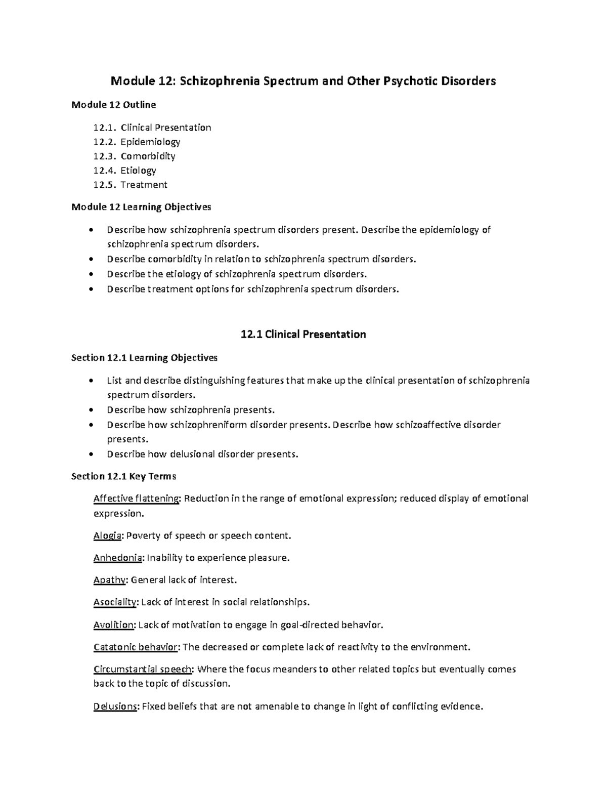 Module 12: Schizophrenia Spectrum & Psychotic Disorders Overview - Studocu