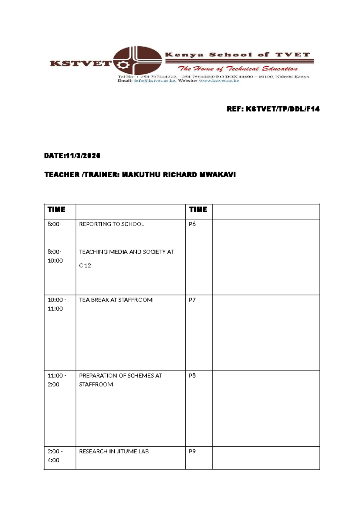 Daily Diary WEEK 10 DAY 3 - training methods - REF: KSTVET/TP/DDL/F ...