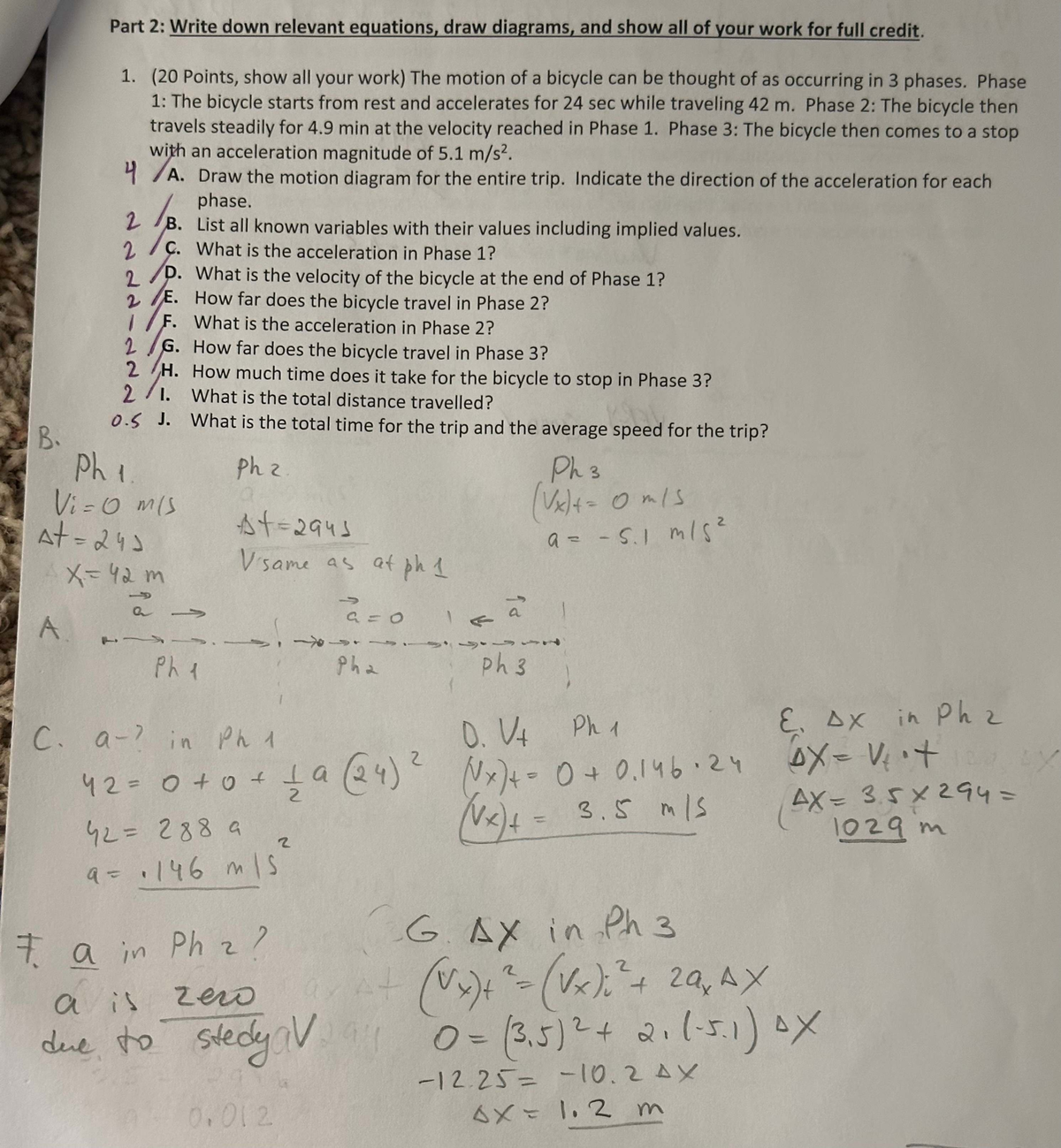 College Physics 1 Exam 1: Bicycle Motion Analysis and Equations - Studocu