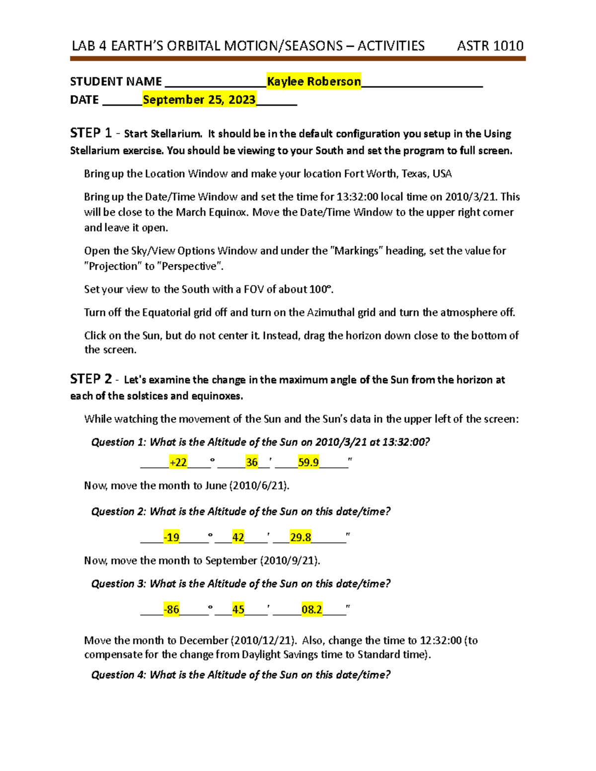 ASTR 1010 LAB 4: Exploring Earth's Orbital Motion & Seasonal Changes ...