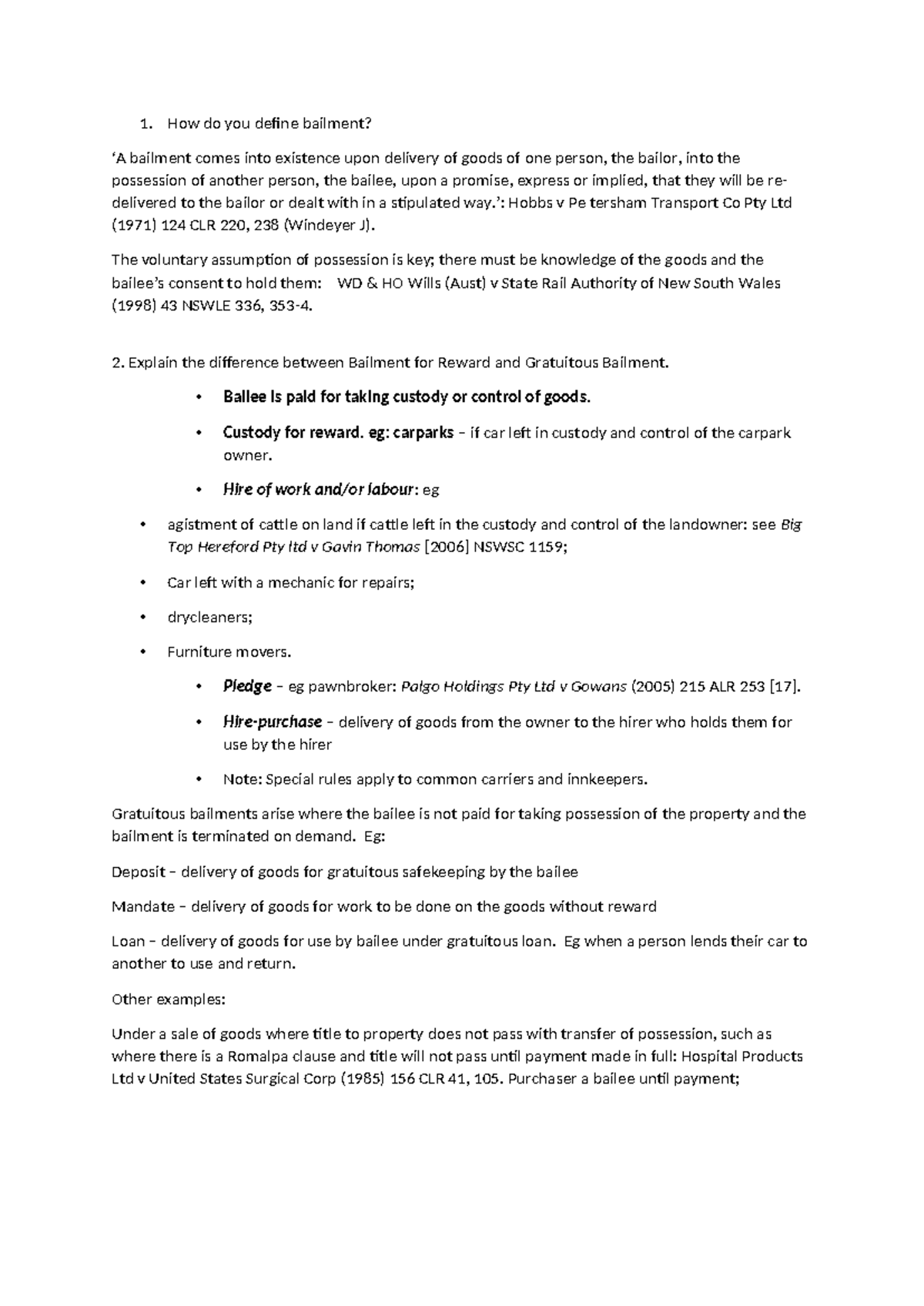 Week 4 - Bailment Tutorial Questions (LAW 101) - Studocu