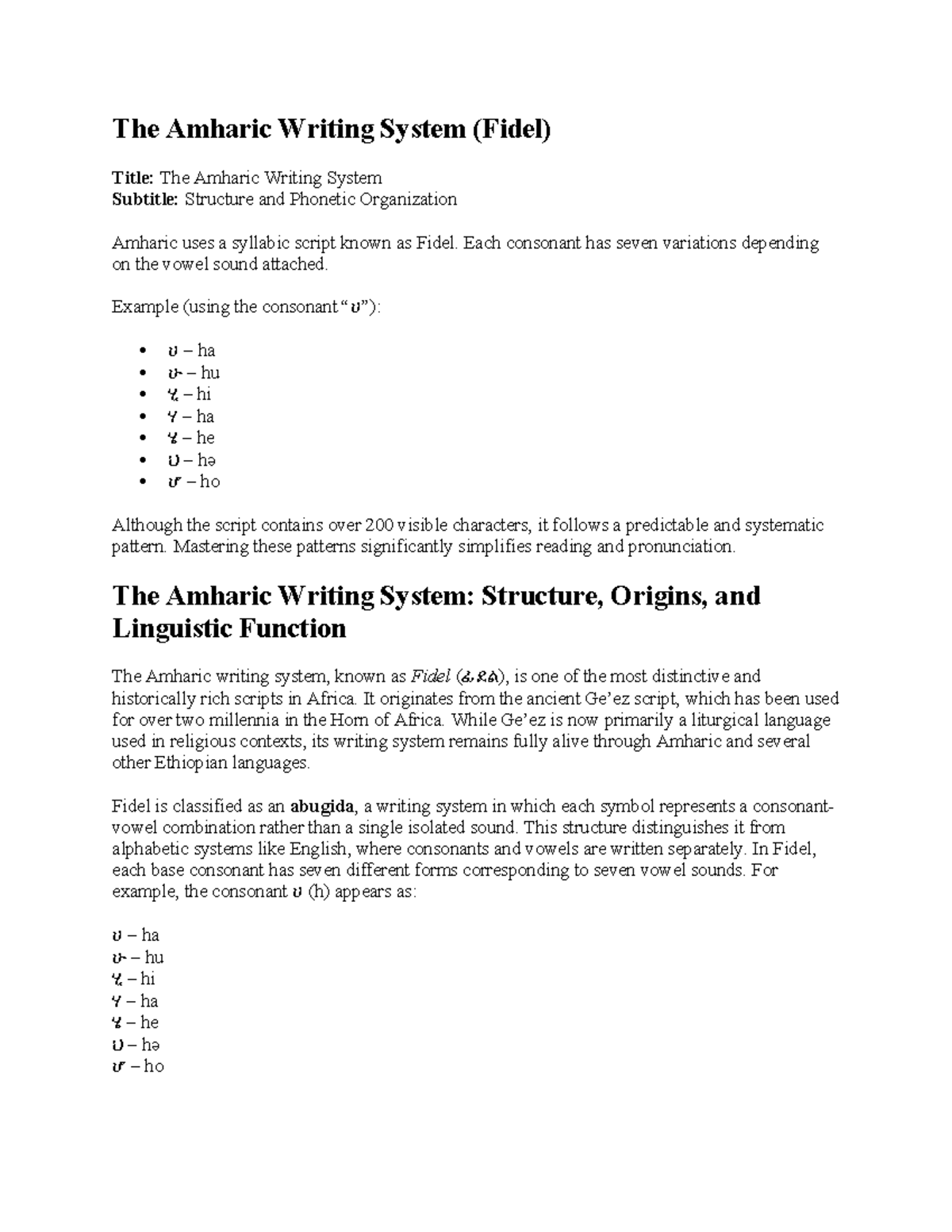 The Amharic Writing System (Fidel): Structure & Phonetics - Studocu
