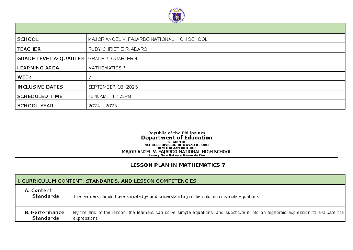 CO4 Math 7 - Lesson Plan for Quarter 4, Week 2: Evaluating Algebraic Expressions - Studocu
