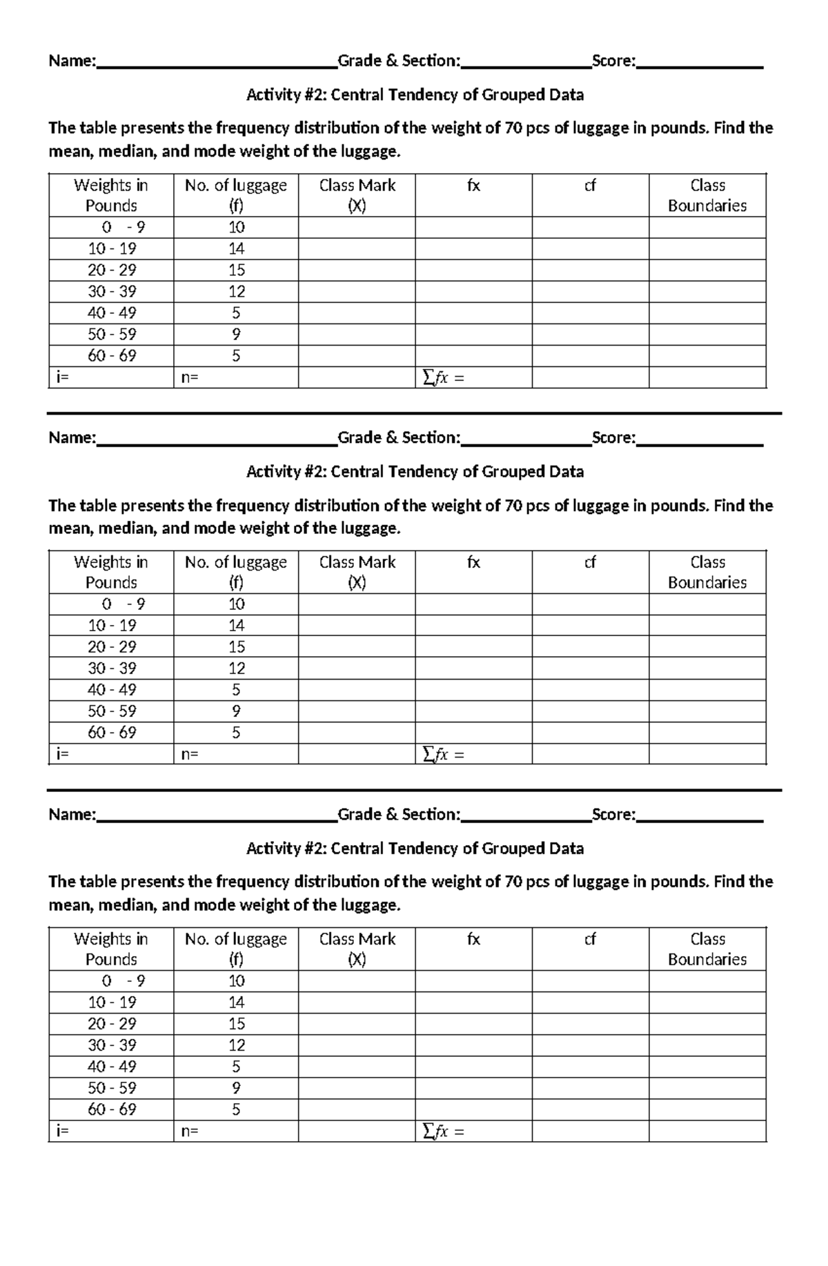 Grade 10 Statistics: Central Tendency Group Data Worksheet - Studocu