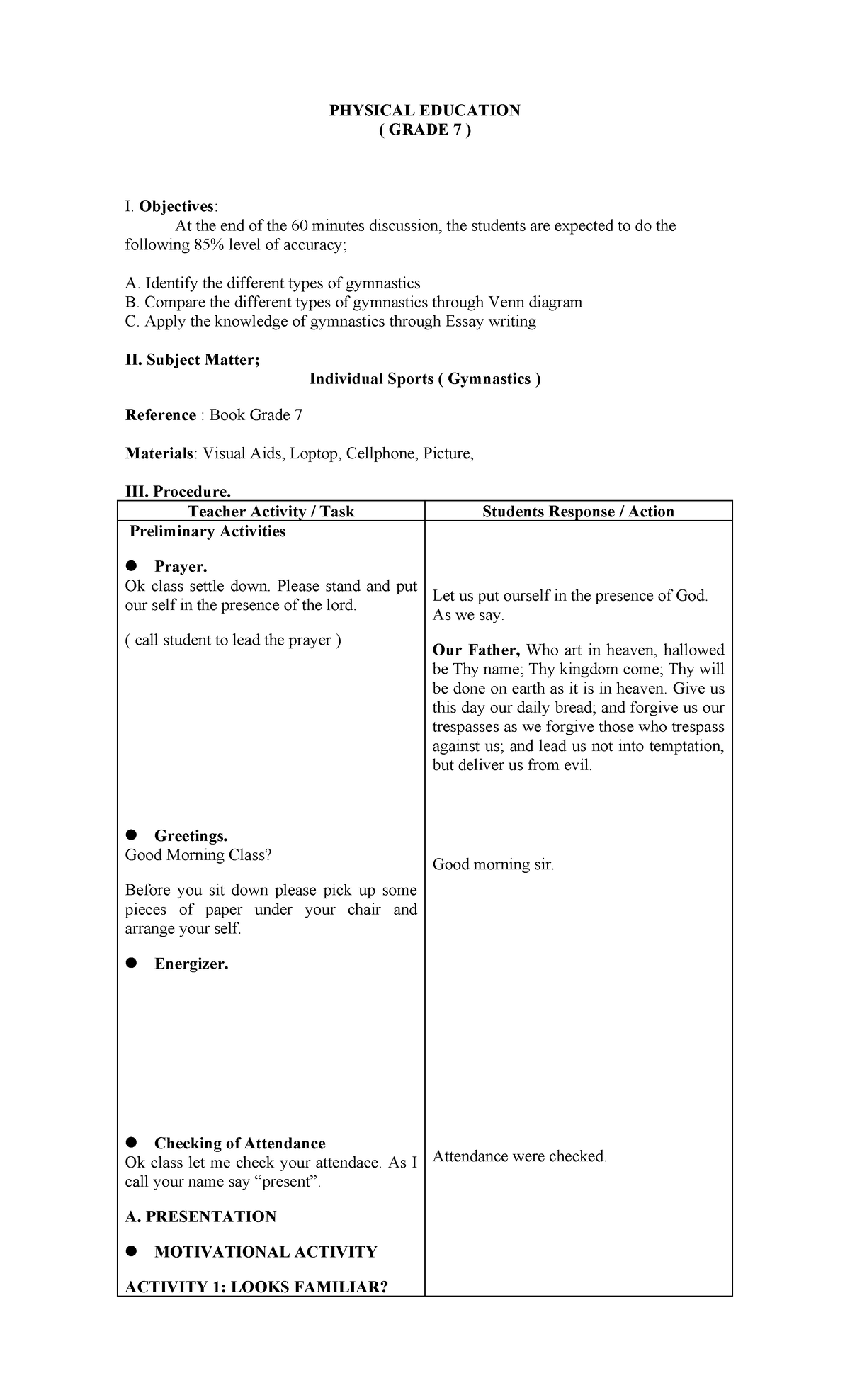 Gymnastics Lesson Plan (Grade 7) - BPED - Studocu