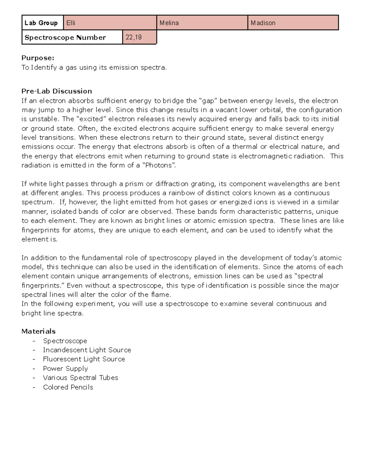 2024 Emission Spectroscopy Lab: Identifying Gases via Spectra Analysis ...