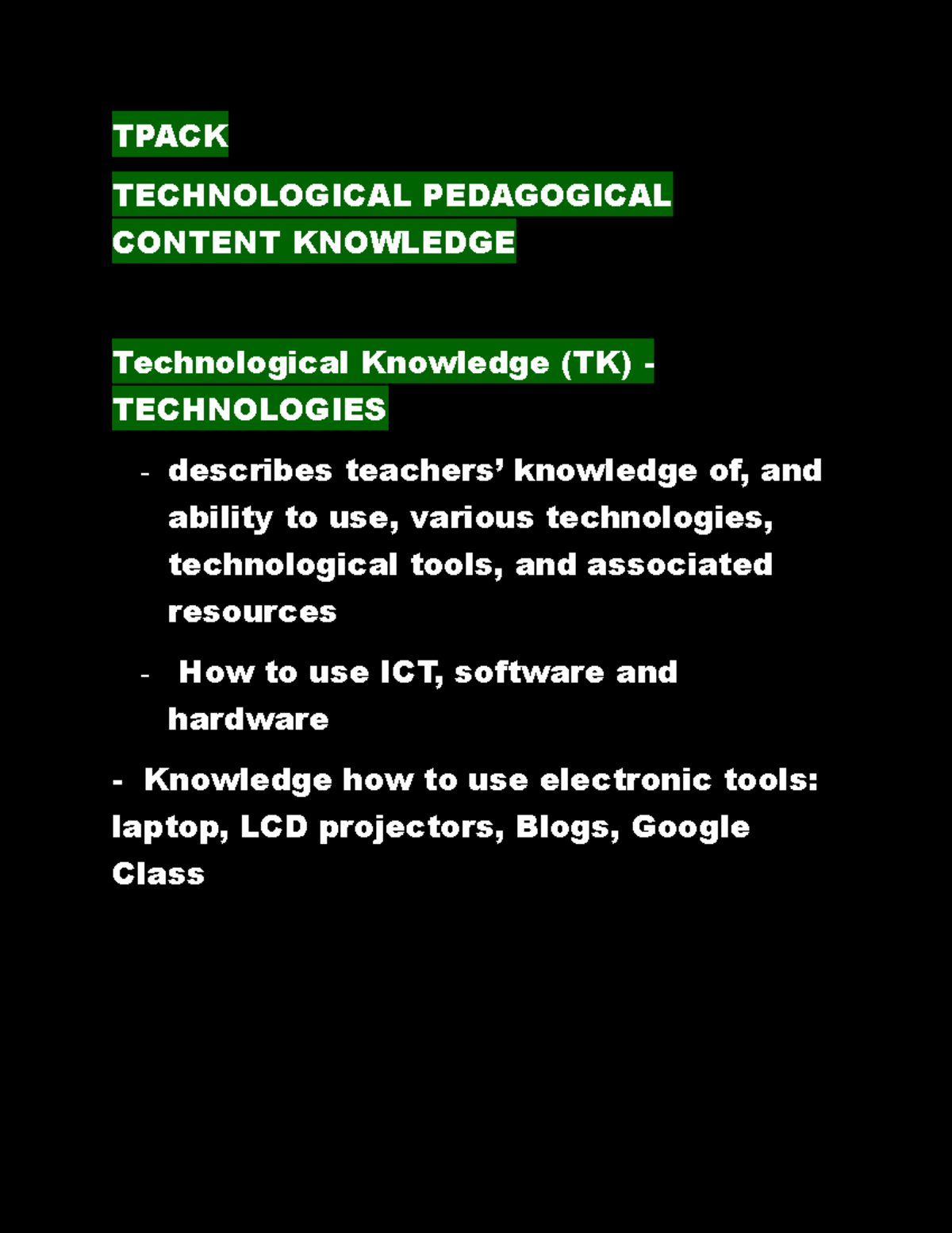 TPACK Framework: Technology for Teaching & Learning Notes - Studocu