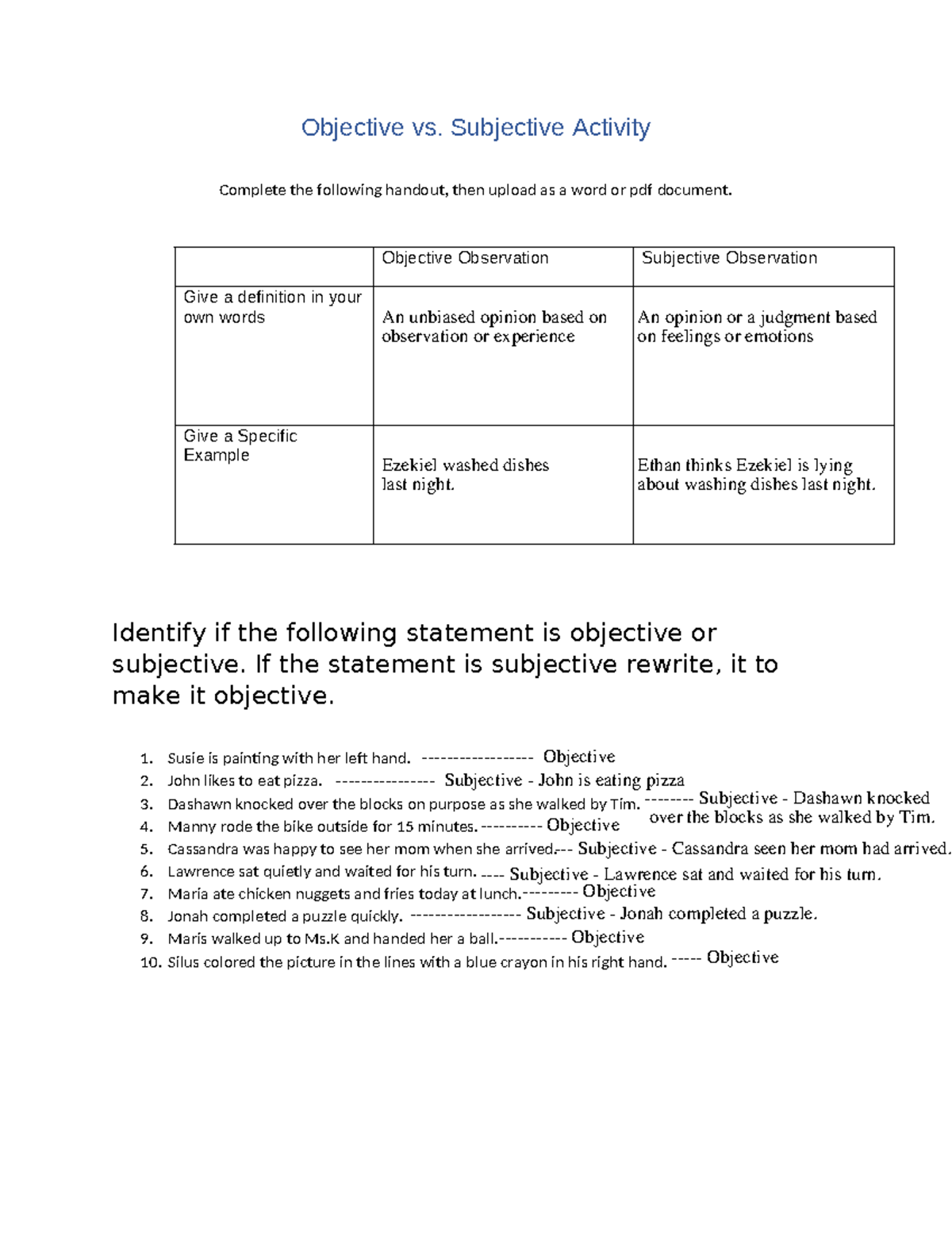 Objective vs. Subjective Activity Handout: Definitions & Examples - Studocu