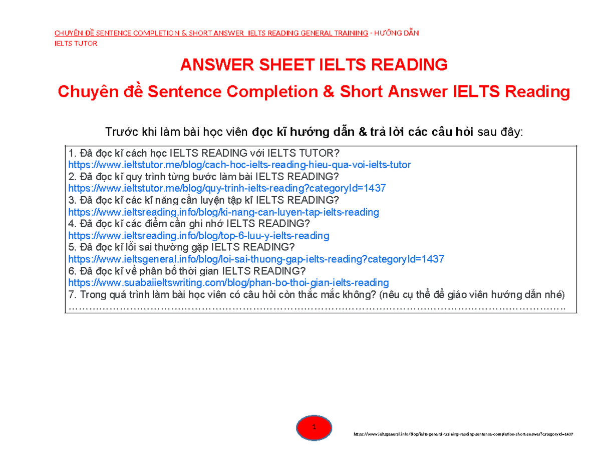 Answer Sheet for IELTS Reading: Sentence Completion & Short Answer ...