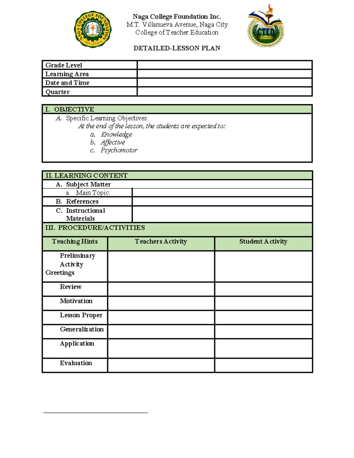 Detailed-lesson Plan Format - Naga College Foundation Inc. M ...
