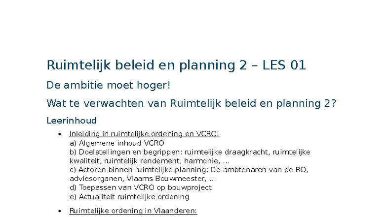 Ruimtelijk Beleid en Planning 2 - Les 01: Ambities en Verwachtingen ...