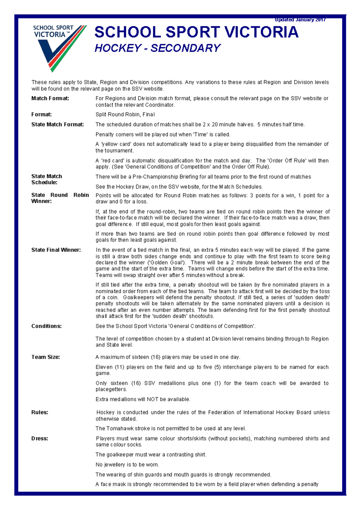 Hockey Rules and Match Format - SSV Secondary Sports Guide - Studocu