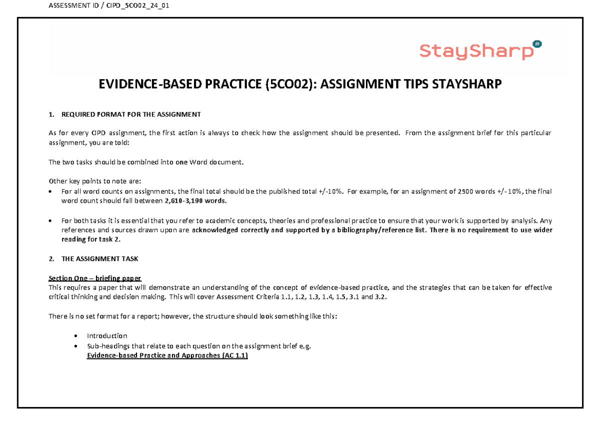 5CO02 Evidence-Based Practice Assignment Guidance 2024 - Studocu