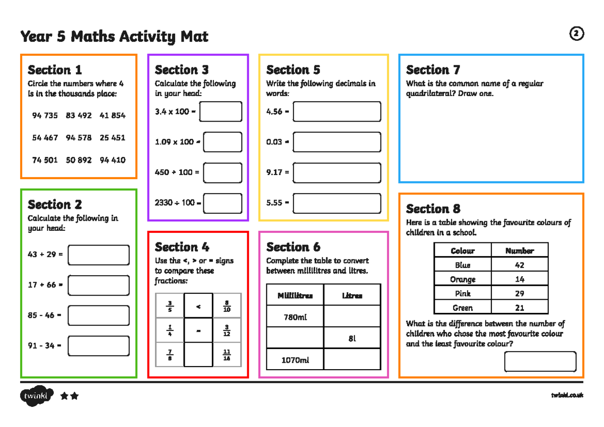 Year 5 Maths Activity Mat 2: Sections 1-8 Summary Sheet - Studocu