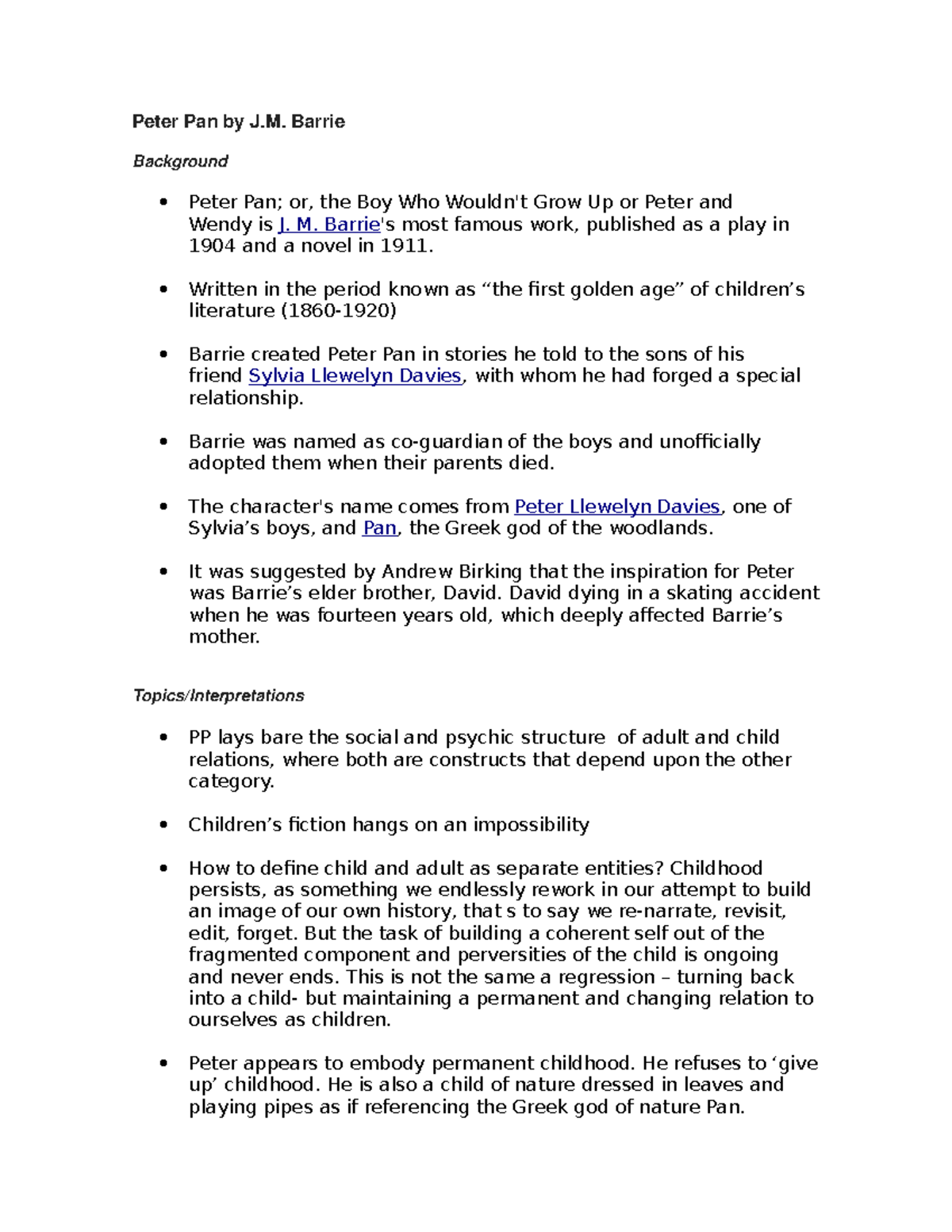 Peter Pan by J Barrie - Peter Pan J. Barrie Background Peter or, the ...