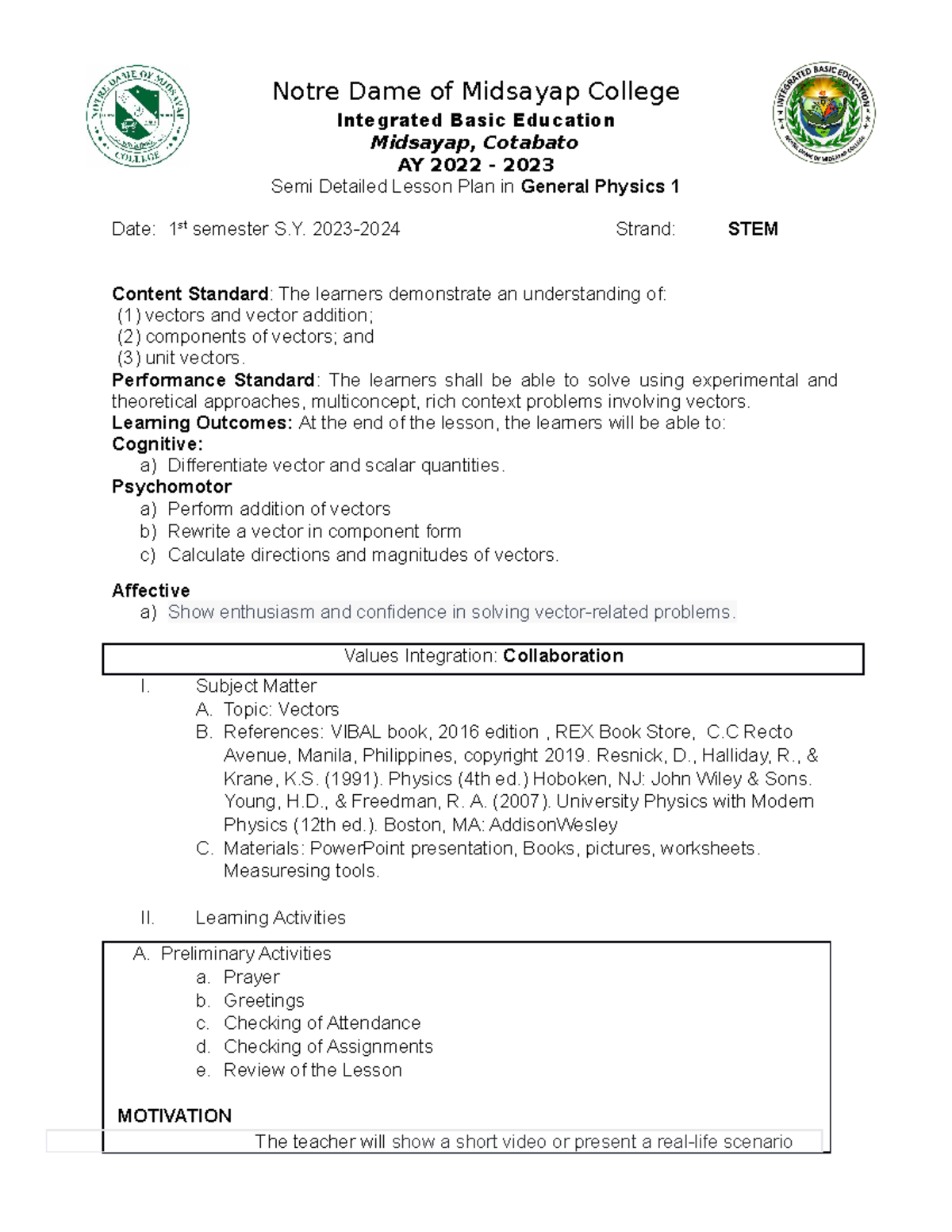 Semi-Detailed Lesson Plan: Vectors in General Physics 1 (SY 2023-2024 ...