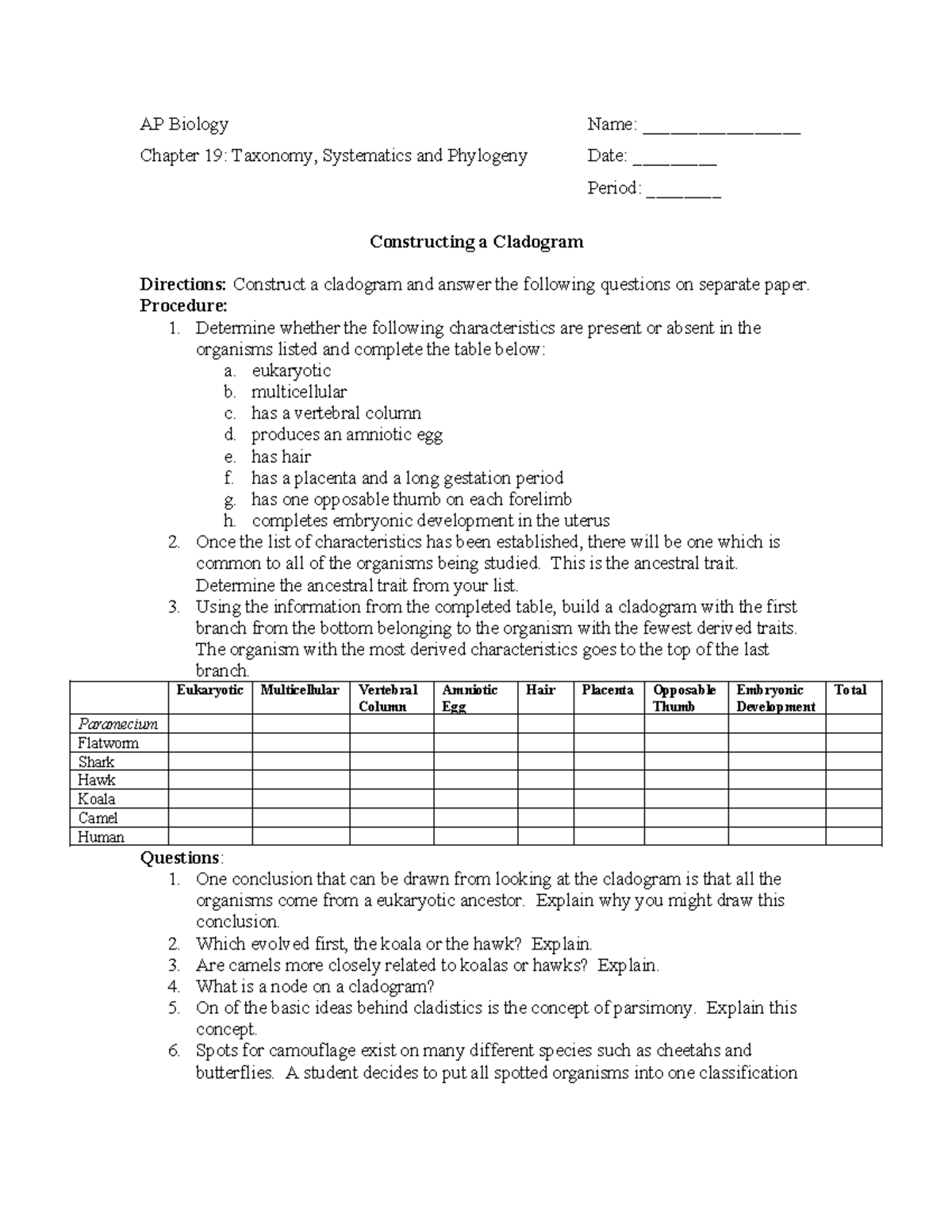 AP Biology (APBIO) Chapter 19: Cladogram Construction Activity - Studocu