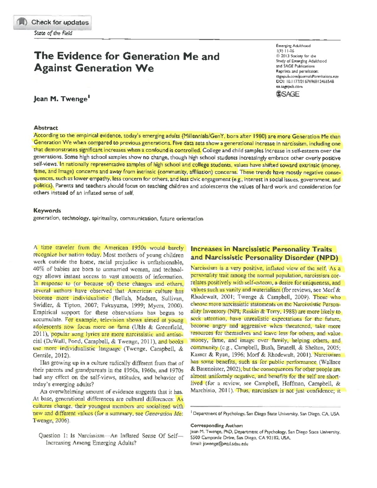 Emerging Adulthood I(I): Understanding Generation Me vs. Generation We ...