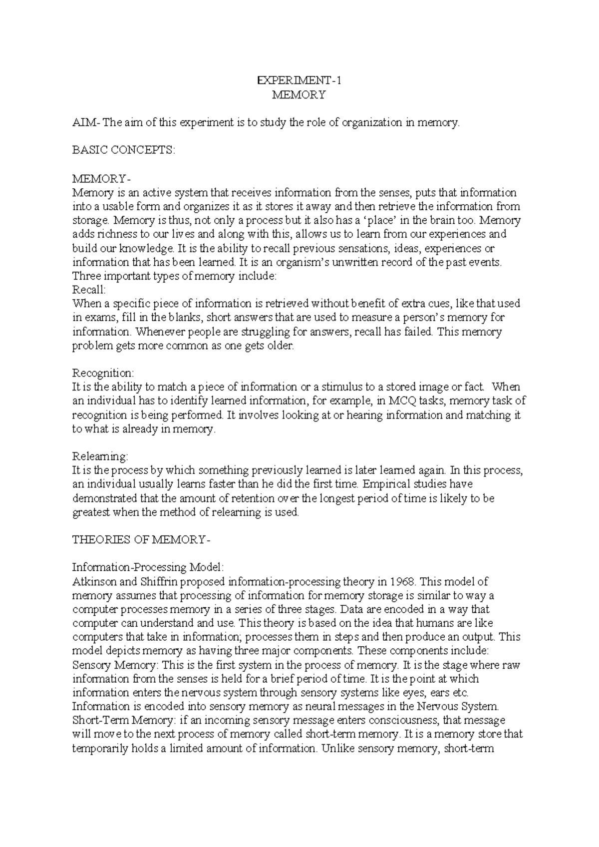 Memory Experiment: Understanding Organization in Memory Processes - Studocu